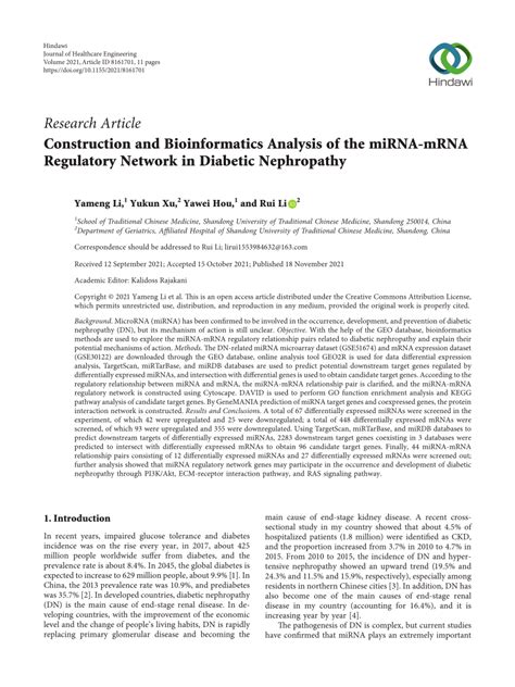 Pdf Construction And Bioinformatics Analysis Of The Mirna Mrna Regulatory Network In Diabetic