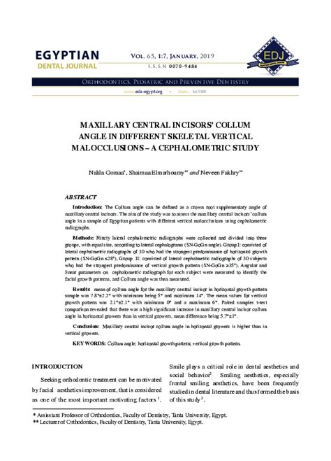 Pdf Maxillary Central Incisors Collum Angle In Different Skeletal