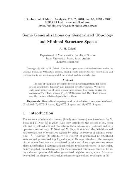 Pdf Some Generalizations On Generalized Topology And Minimal Structure Spaces