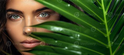 Ai Generated Close Up Portrait Of A Girl In Green Leaves Generative Ai