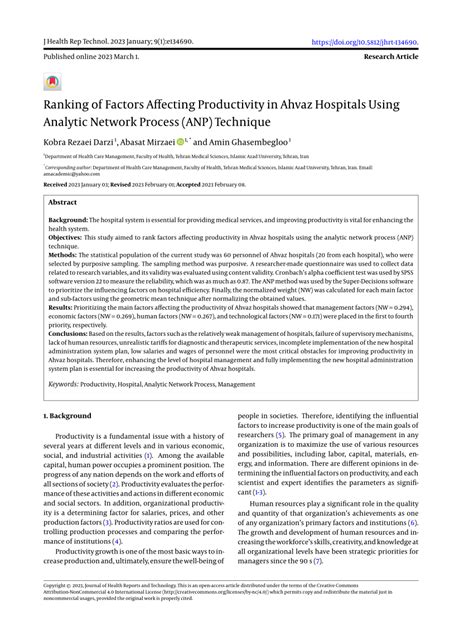 Pdf Ranking Of Factors Affecting Productivity In Ahvaz Hospitals