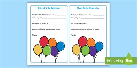 Class Party Reminder Editable Notes