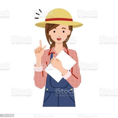 포인팅 핸드 제스처로 서있는 아이디어를 얻는 농부 여성 가리키기에 대한 스톡 벡터 아트 및 기타 이미지 가리키기 농부