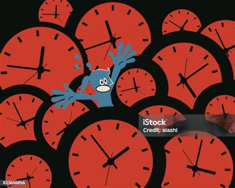 시간 압력입니다 사업가 시간 시계에서 익사 청소년에 대 한 개념은 사라져 요 시간 관리 실패 과거에 대한 스톡 벡터 아트 및