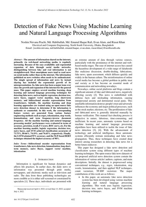 PDF Detection Of Fake News Using Machine Learning And Natural Language Processing Algorithms