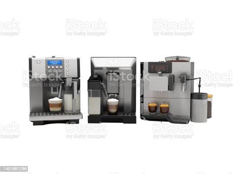 흰색 배경에 다른 커피 음료를 위한 전문 커피 머신 그룹의 3d 그림 그림자 없음 0명에 대한 스톡 사진 및 기타 이미지 0