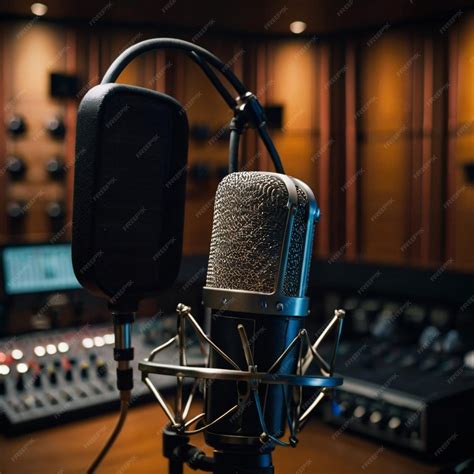 Professional Microphone In A Recording Studio With Ambient Lighting And