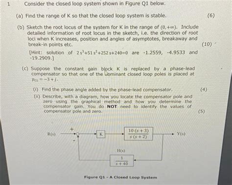 Solved 1 Consider The Closed Loop System Shown In Figure Q1