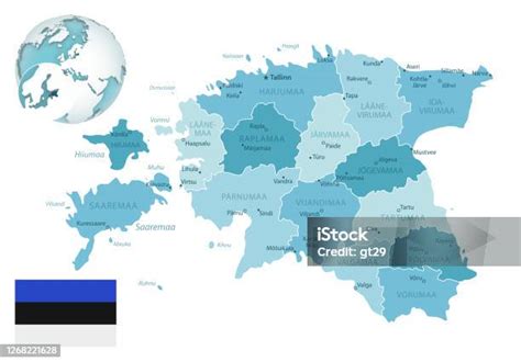 에스토니아 행정 블루 그린지도 국가 플래그와 지구 위치에 위치 에스토니아에 대한 스톡 벡터 아트 및 기타 이미지 에스토니아 지도 3차원 형태 Istock