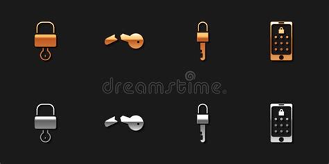 Set Lock And Key Broken Locked And Mobile Graphic Password Icon Vector Stock Vector