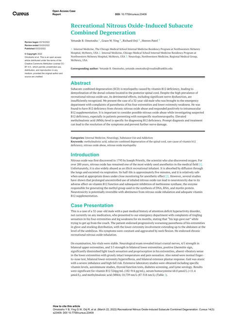 Pdf Recreational Nitrous Oxide Induced Subacute Combined Degeneration