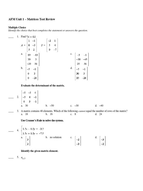 Unit 1 Matrices Test Review Pdf Matrix Mathematics Determinant