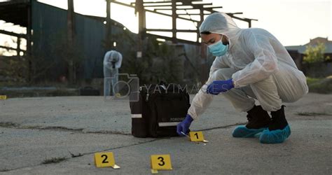Forensics Person And Sample Of Crime Scene With Evidence Outdoor Dna