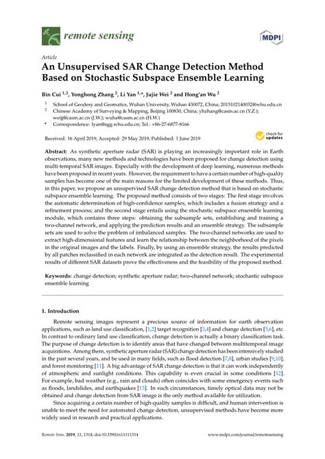PDF An Unsupervised SAR Change Detection Method Based On Stochastic Subspace Ensemble Learning