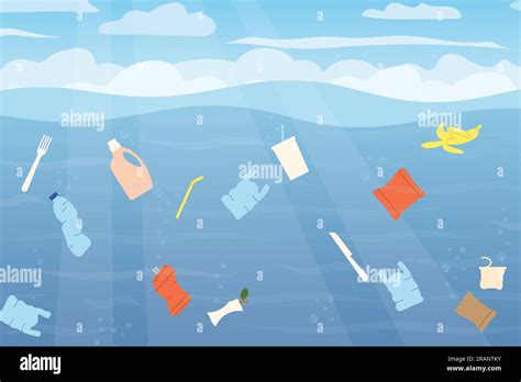Garbage Floating In Polluted Ocean Save Environment Oceans Concept Vector Illustration Stock