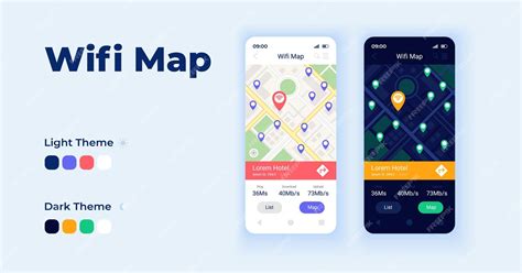 Wifi 지도 만화 스마트폰 인터페이스 벡터 템플릿 집합입니다 모바일 앱 화면 페이지 데이 및 다크 모드 디자인 응용