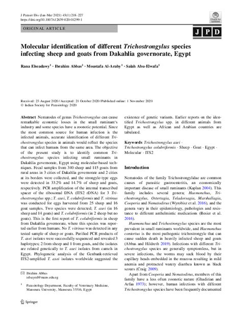 Pdf Molecular Identification Of Different Trichostrongylus Species Infecting Sheep And Goats