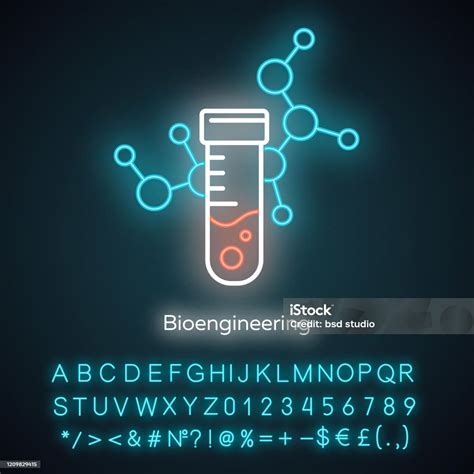 생명 공학 네온 빛 아이콘입니다 생물 공학 과학 의학 연구 시험 관 및 분자 생화학 알파벳 숫자 및 기호와 빛나는 기호 벡터 절연 그림 0명에 대한 스톡 벡터 아트 및 기타