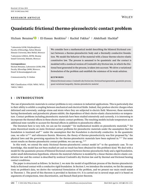 Quasistatic Frictional Thermo‐piezoelectric Contact Problem Request Pdf