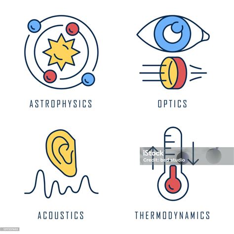 물리 분기 색상 아이콘 설정 천체 물리학 광학 음향 및 열역학 물리적 인 과정과 현상 과학 연구 및 과목 격리된 벡터