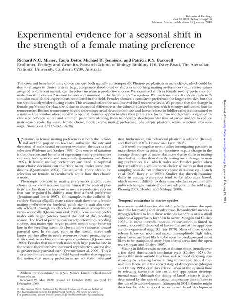 Pdf Experimental Evidence For A Seasonal Shift In The Strength Of A Female Mating Preference