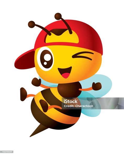 만화 귀여운 꿀벌은 열린 손과 다리로 점프하는 빨간 스냅백 모자를 쓰고 캐릭터 일러스트레이션을 취한다 곤충에 대한 스톡 벡터 아트 및 기타 이미지 Istock