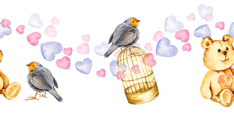 황금 새 감금소 귀여운 새 재미있은 곰 장난감 분홍색과 라일락 심혼 발렌타인 데이 생일 및 아이의 당을 위한 손으로 그린 밑그림을 가진 수채화 이음새가 없는 국경 0명에