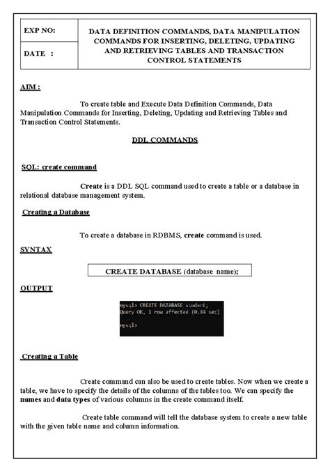 Dbms Final Record 2024 Create Database Databasename Exp No Data