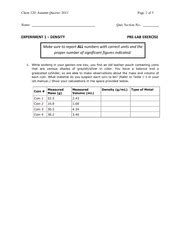 Experiment Pre Lab Exercise Chem Autumn Quarter Page Of Name Quiz Section No
