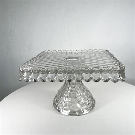 1940s American Square Glass Pedestal Cake Stand By Fostoria For Sale At