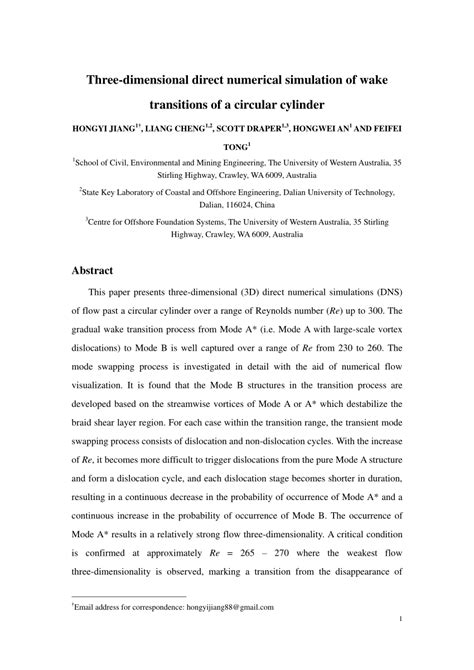 (PDF) Three-dimensional direct numerical simulation of wake transitions of a circular cylinder