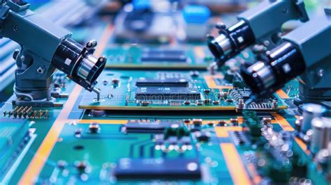 Automated Pcb Assembly Line Conveyor With Robotic Arms In Electronics