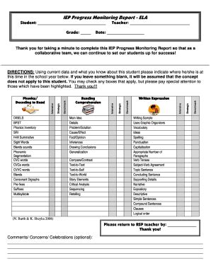 Fillable Online IEP Progress Monitoring Report ELA TeachersNet Fax Email Print PdfFiller