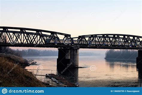 Train Crosses The Bridge Over The Po River Cremona Italy Stock Image