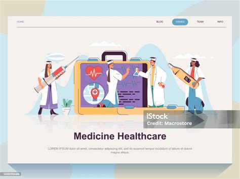 플랫 디자인의 랜딩 페이지에 대한 의학 의료 웹 개념입니다 의사와 간호사가 환자를 진단하고 심전도를 검사하여 치료합니다 웹 사이트 홈페이지에 대한 사람들 장면이 있는 벡터