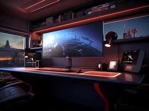 Premium Photo Computer Desk With A Monitor Mounted On Top Computer Desk Setup Ideas Pc Desk