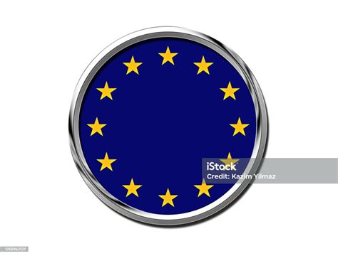 고립 된 크롬 원의 형태로 국기 유럽 연합 국기 유럽 연합 국기 브로치 기호 아이콘 3d 일러스트레이션 0명에 대한 스톡 사진