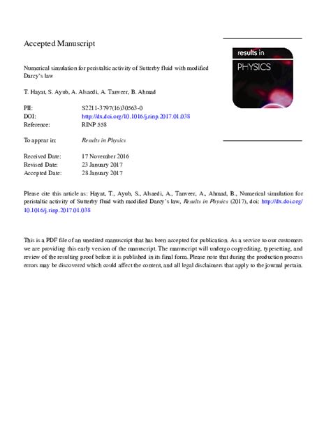 Pdf Numerical Simulation For Peristaltic Activity Of Sutterby Fluid With Modified Darcys Law