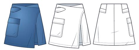 랩 스커트 테크니컬 패션 일러스트레이션입니다 비대칭 미니 스커트 패션 플랫 기술 도면 템플릿 포켓 백 지퍼 전면 슬릿 전면 및 후면도 화이트 블루 여성 Cad 모형 세트 0