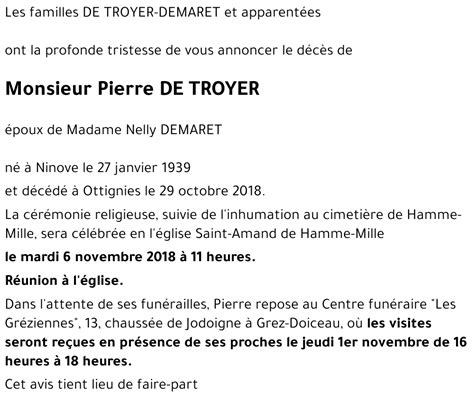 Avis De Décès De Pierre De Troyer Décédé Le 29 10 2018 à Ottignies Annonce Condoléances