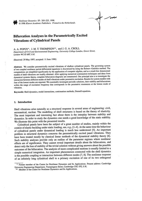 Pdf Bifurcation Analyses In The Parametrically Excited Vibrations Of Cylindrical Panels