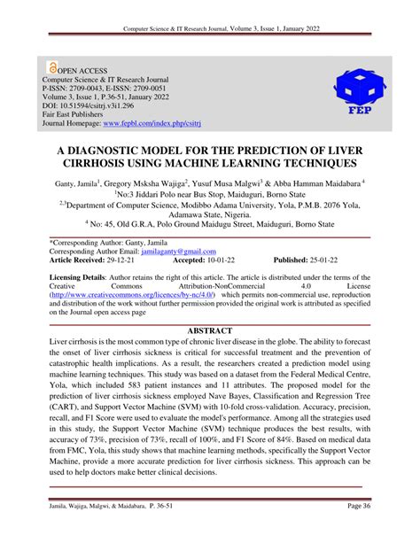 Pdf A Diagnostic Model For The Prediction Of Liver Cirrhosis Using Machine Learning Techniques
