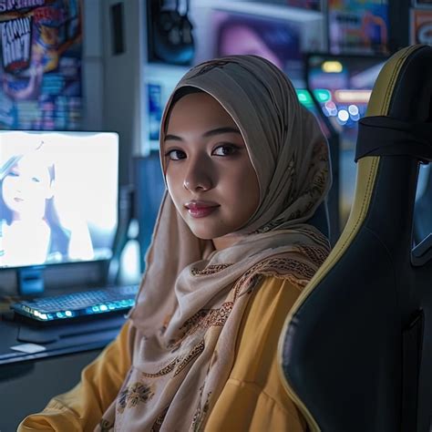 A Woman Sitting In A Chair In Front Of A Computer Screen Premium Ai