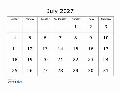 Printable July 2027 Calendar