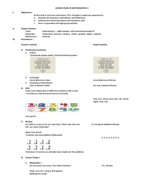 Sample Mathematics Lesson Plan Subtraction Strategy