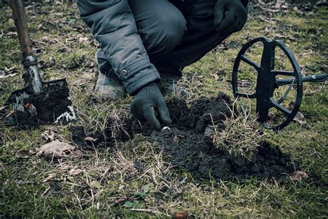 한 남자가 삽과 금속 탐지기로 땅에서 파낸 고대 동전을 가져갑니다 자연의 취미로 보물 찾기 보물을 찾으려면 운이 필요합니다
