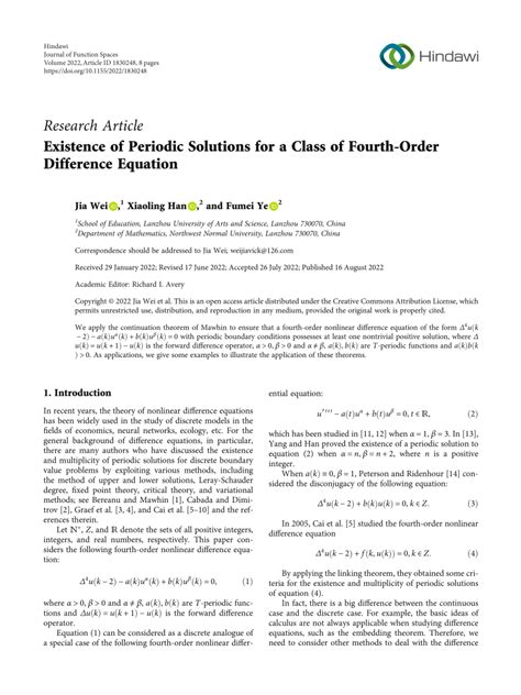 Pdf Existence Of Periodic Solutions For A Class Of Fourth Order Difference Equation