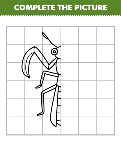 어린이를 위한 교육 게임은 인쇄 가능한 버그 워크시트를 그리기 위한 귀여운 만화 사마귀 절반 윤곽의 그림을 완성합니다