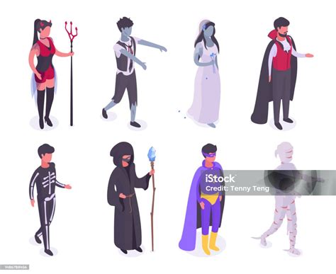 아이소메트릭 할로윈 파티 캐릭터 미라 마법사 좀비 뱀파이어 카니발 의상 할로윈 파티 가장 무도회 3d 벡터 일러스트레이션 세트 등측투영법에 대한 스톡 벡터 아트 및 기타