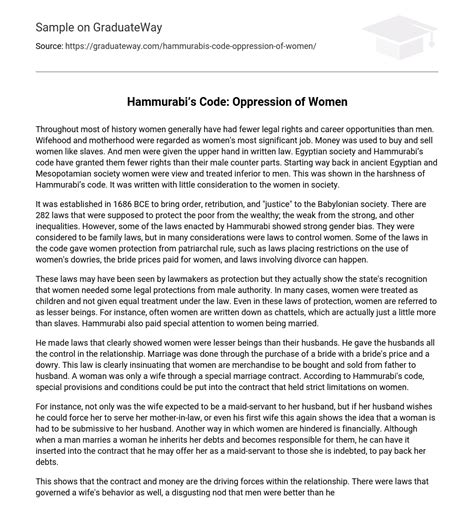 ⇉hammurabis Code Oppression Of Women Essay Example Graduateway